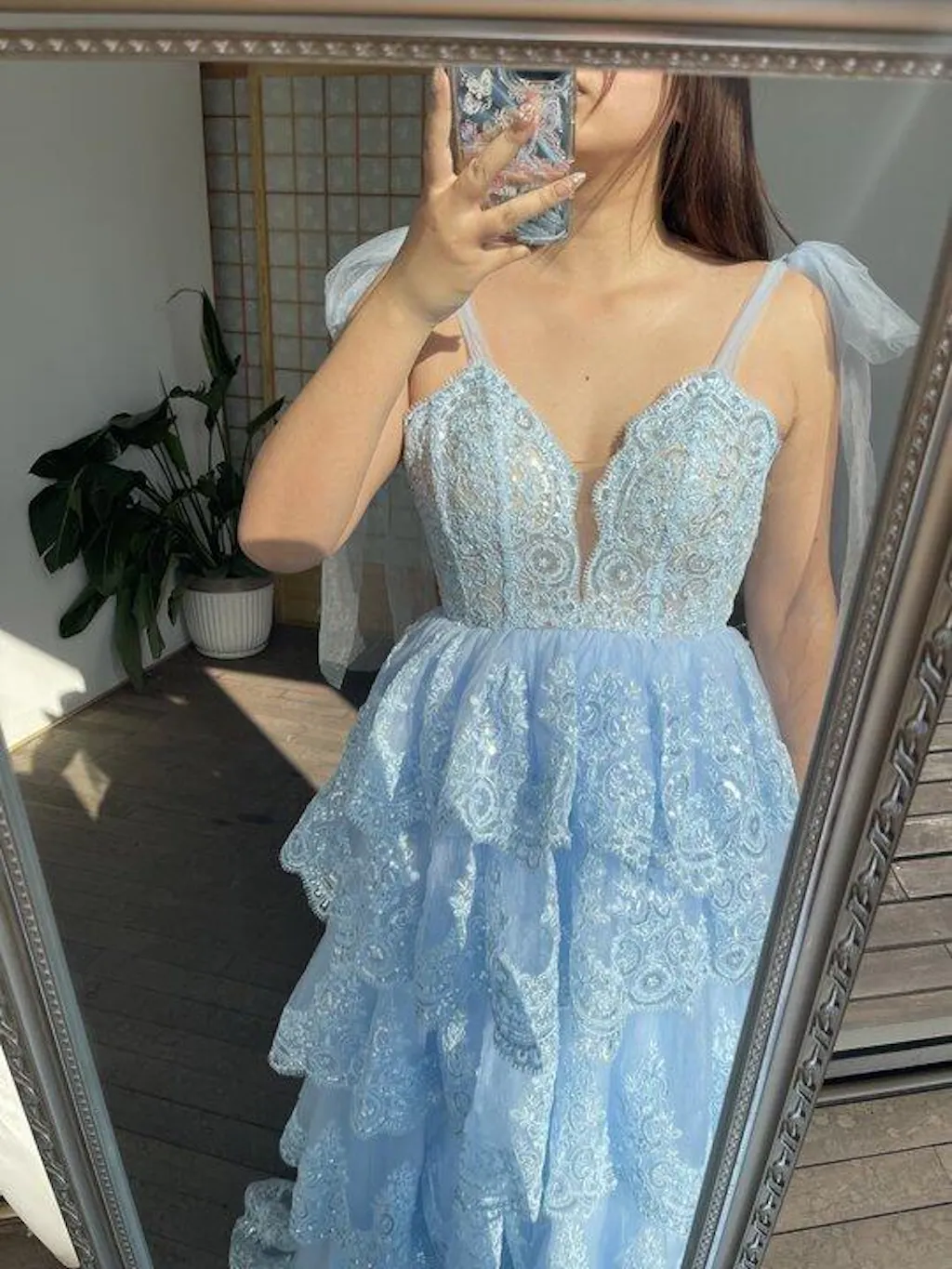 Zapakasa Women Light Blue Prom Dress Sweetheart Bow Tie Straps Tiered ...