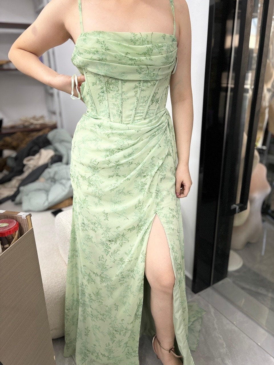 Zapakasa Women Dusty Sage Chiffon Floral Corset Print Bridesmaid Dress ...