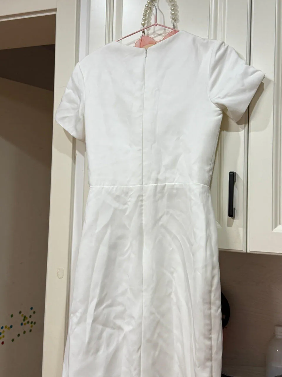 Zapakasa Women White Satin Bodycon Work Dress with Short Sleeves Round ...